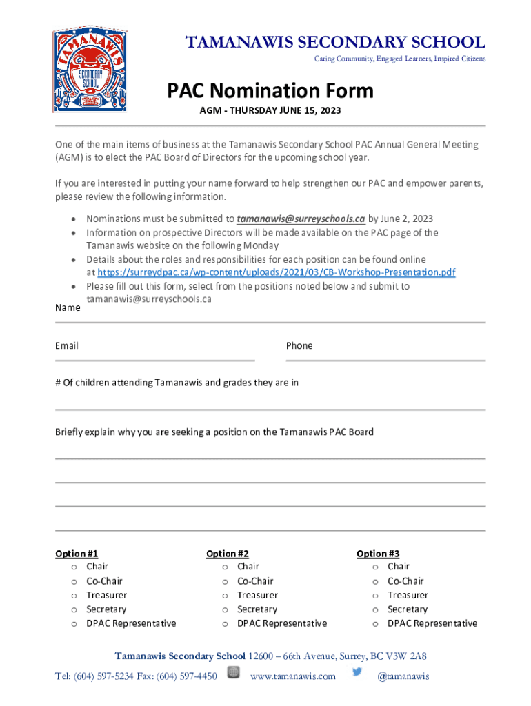 Fillable Online Tamanawis PAC - Nomination Form Fax Email Print - pdfFiller