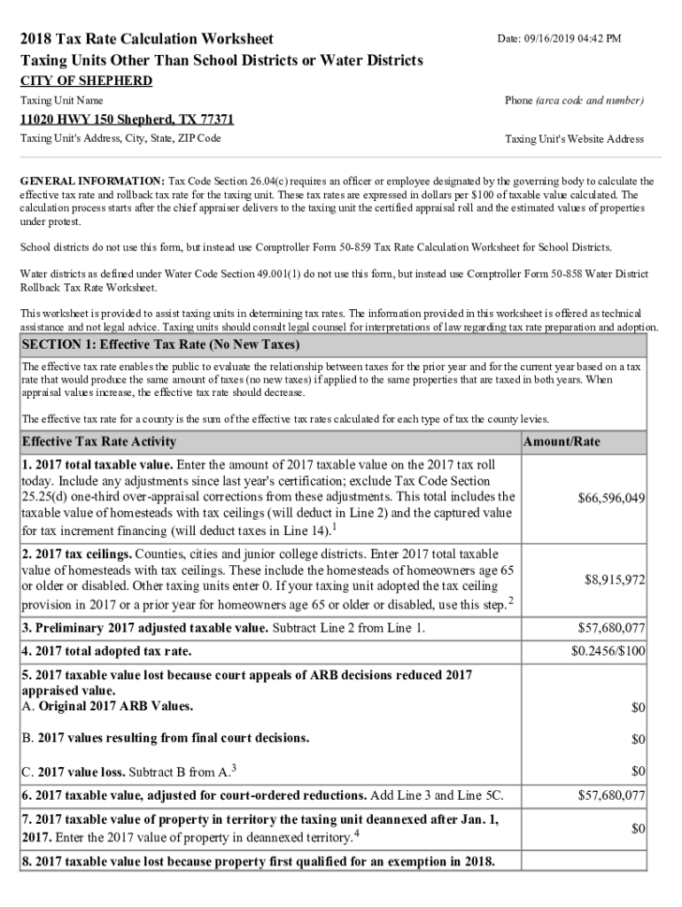 Fillable Online 2018 Tax Rate Calculation Worksheet - San Jacinto County Fax Email Print - pdfFiller