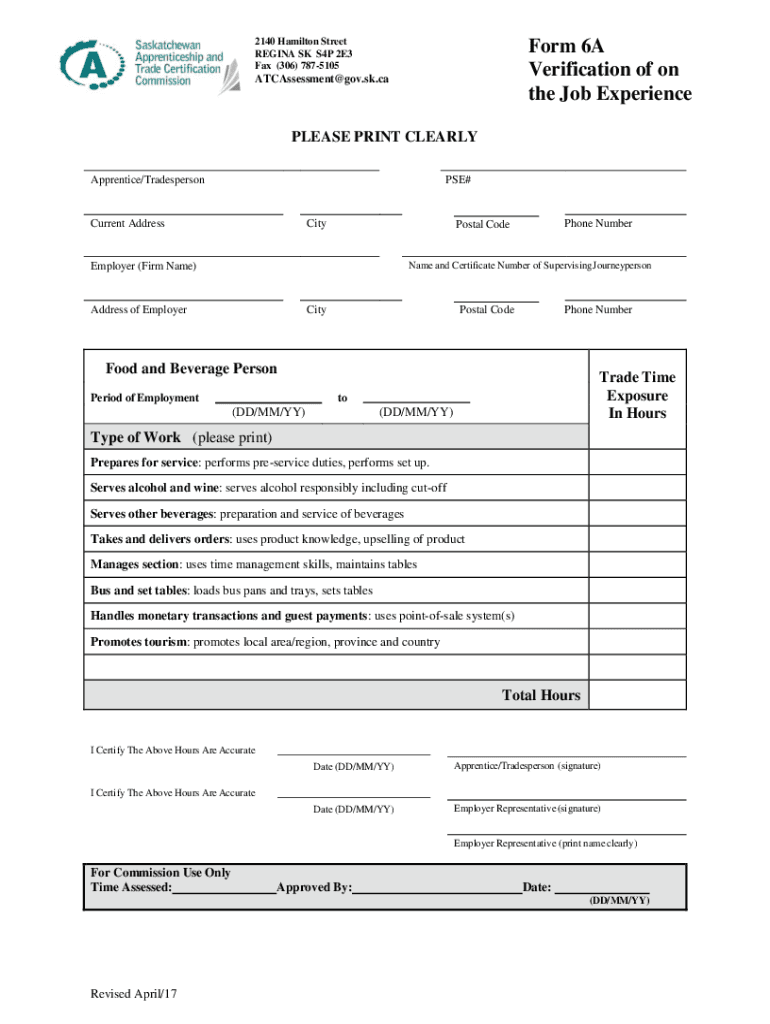 Fillable Online Sk apprenticeship form 6a - Form 6A Verification of on ...