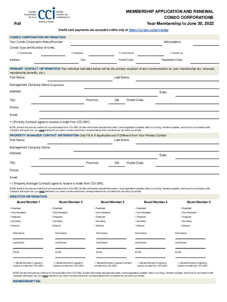 Fillable Online MEMBERSHIP APPLICATION AND RENEWAL CONDO CORPORATIONS ...