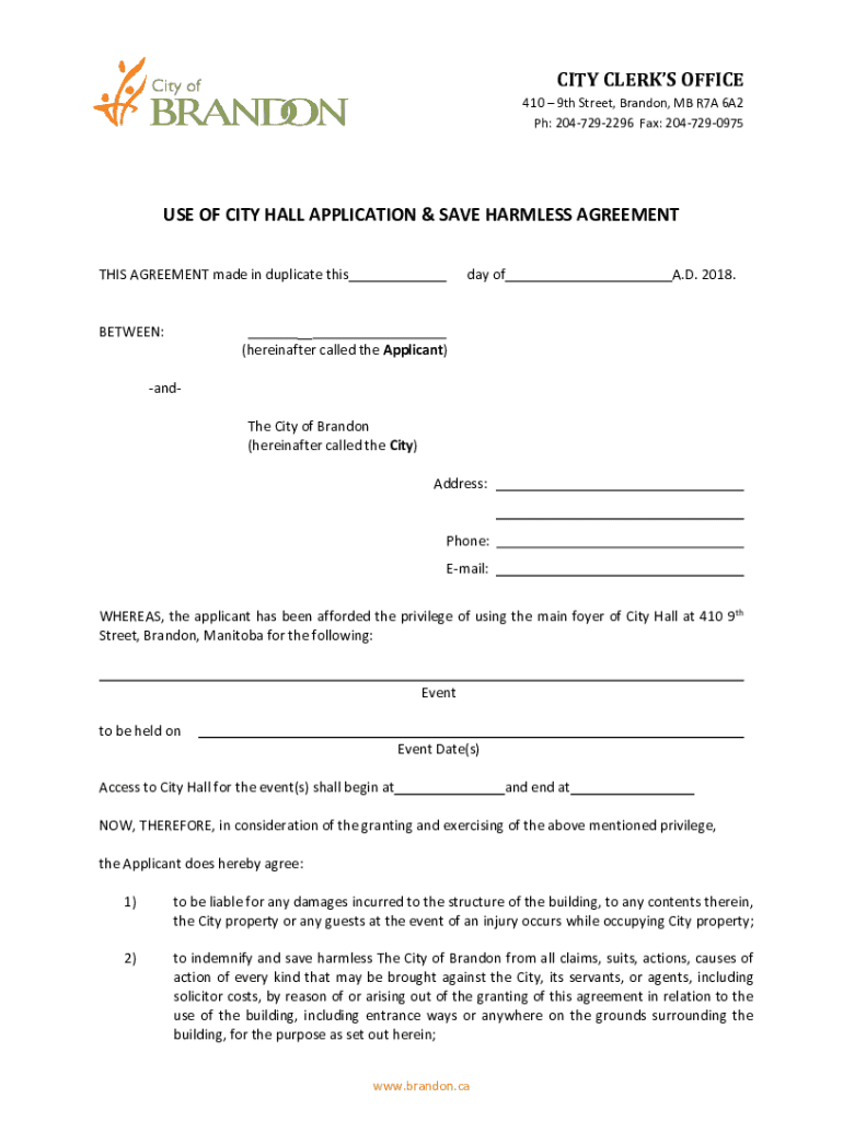 Fillable Online use of city hall application & save harmless agreement ...