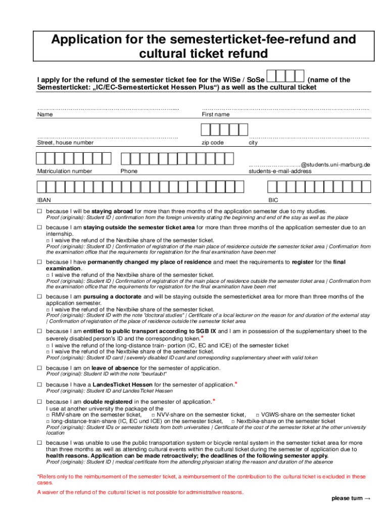 Fillable Online Refund application for (partial) refund of the SemesterTicket fee Fax Email ...