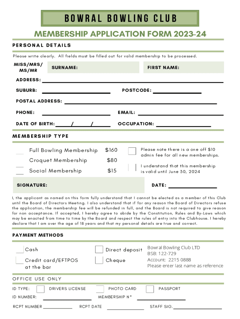 Fillable Online Membership - BOWRAL BOWLING CLUB Fax Email Print ...