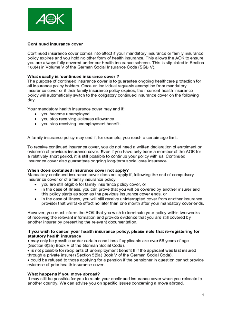 Fillable Online Continued insurance coverAOKDie Gesundheitskasse. If ...