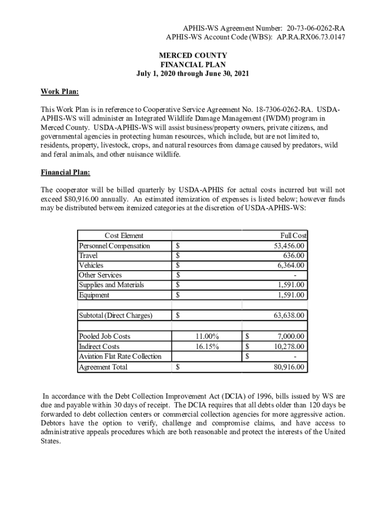 Fillable Online web2 co merced ca APHIS-WS Agreement Number: 20-73-06 ...