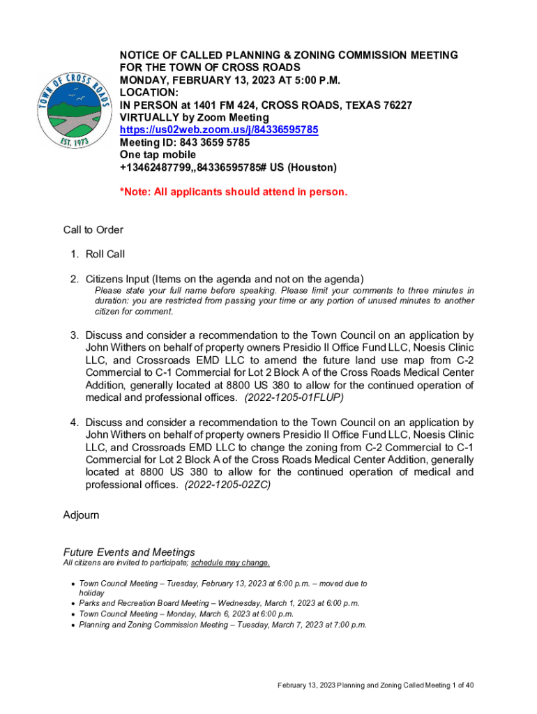Fillable Online NOTICE OF CALLED PLANNING & ZONING COMMISSION ... Fax ...