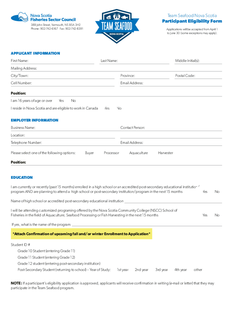 Fillable Online Team Seafood Nova Scotia Participant Eligibility Form ...