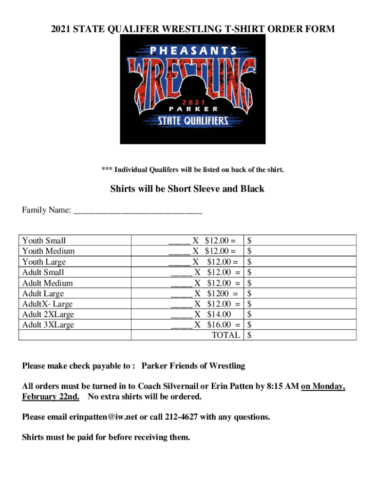 Fillable Online 2021 state qualifer wrestling t-shirt order form Fax ...