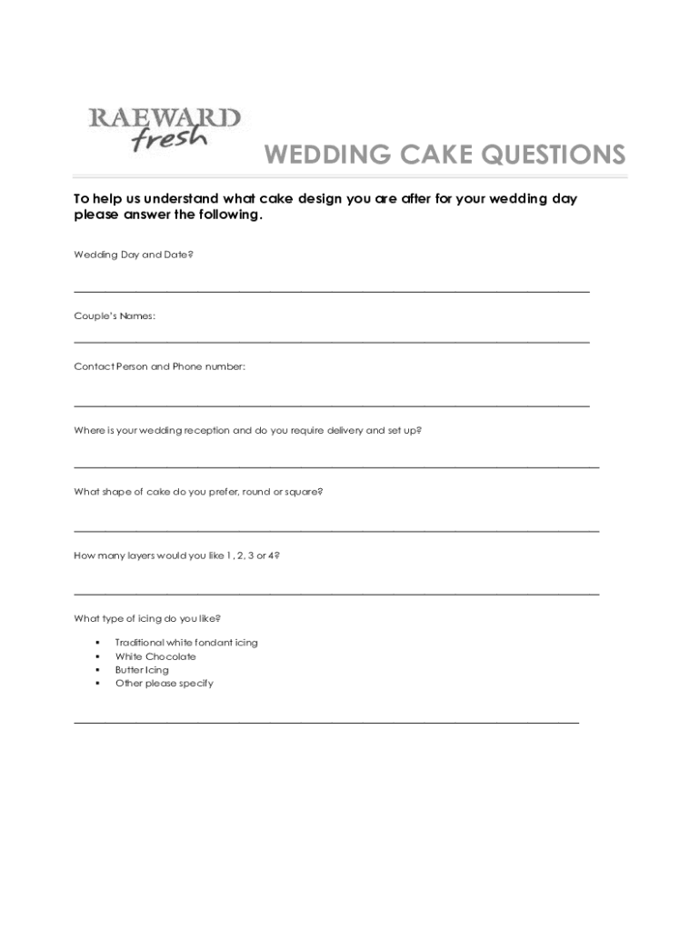 Fillable Online Top 10 Questions to Ask Your Wedding Cake Baker Fax Email Print - pdfFiller