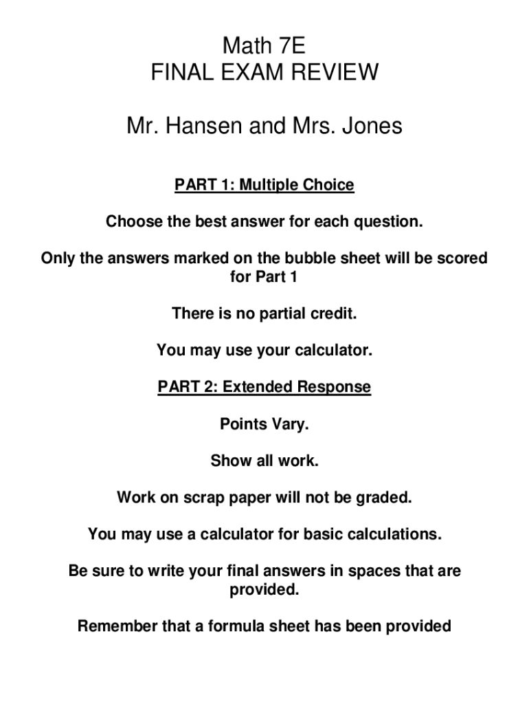 Fillable Online Math 7E FINAL EXAM REVIEW Mr. Hansen and Mrs. Jones Fax ...