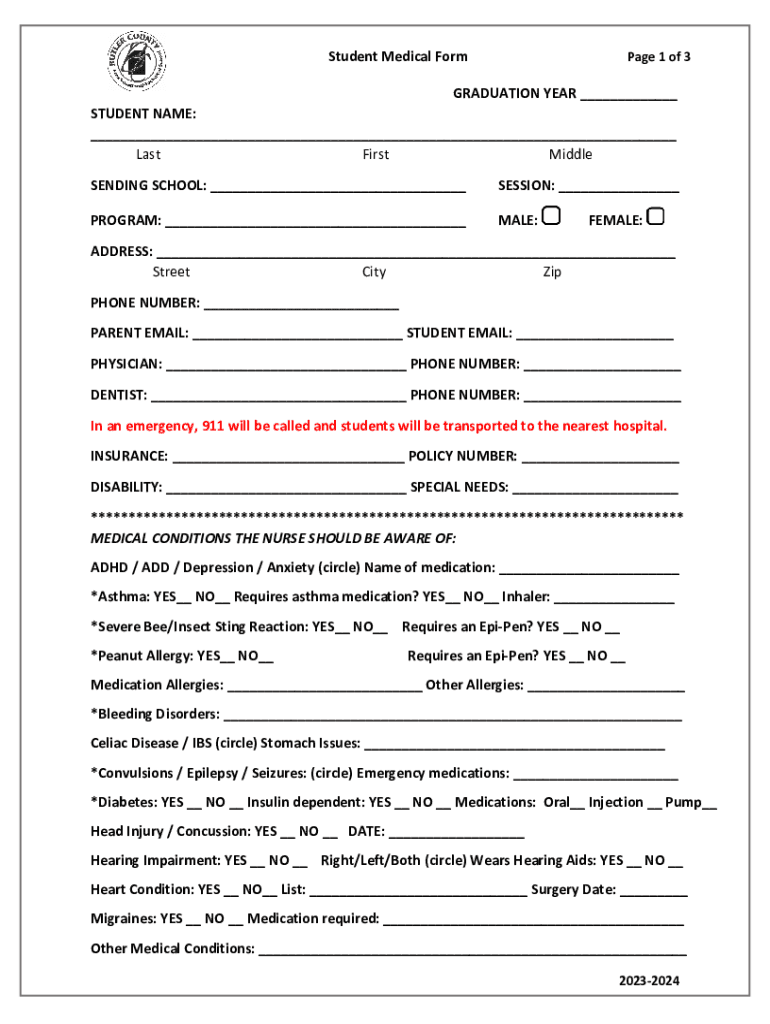 Fillable Online Student Medical Form GRADUATION YEAR Fax Email Print ...