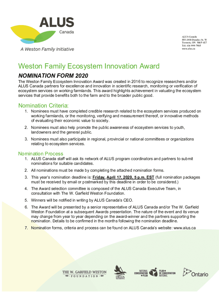 Fillable Online Weston Family Ecosystem Innovation Award - NOMINATION FORM ... Fax Email Print ...