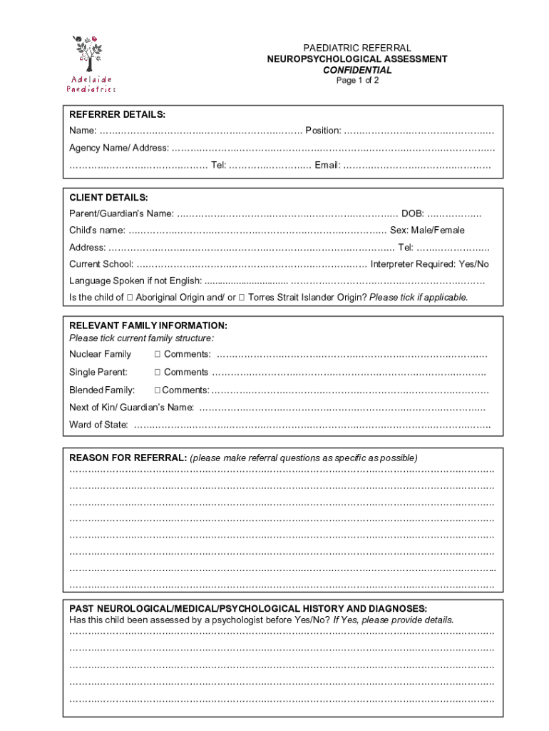 Fillable Online Neurospychological Assessment Paediatric Referral Form ...