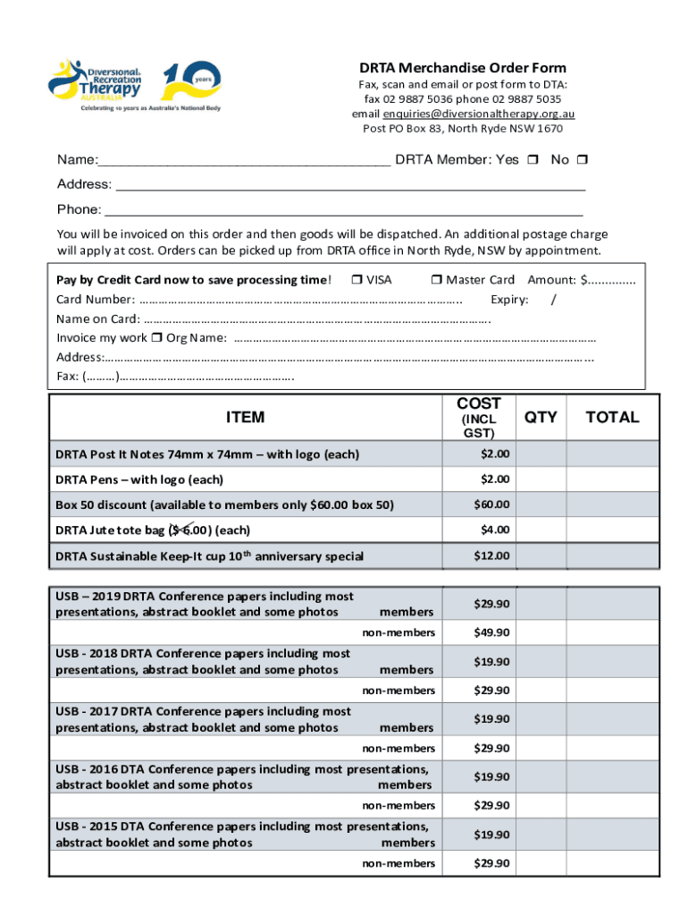Fillable Online ITEM COST QTY TOTAL DRTA Merchandise Order Form Fax ...