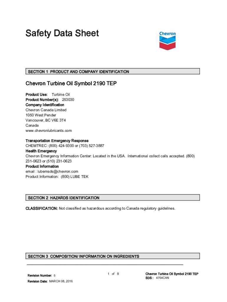 Fillable Online lubricants crevier Chevron Turbine Oil Symbol 2190 TEP ...
