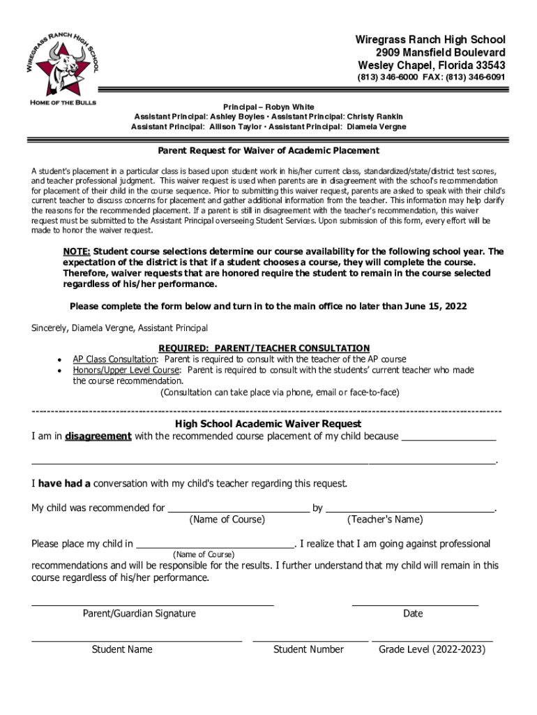 Fillable Online Wiregrass Ranch High School - Pasco County Schools Fax ...