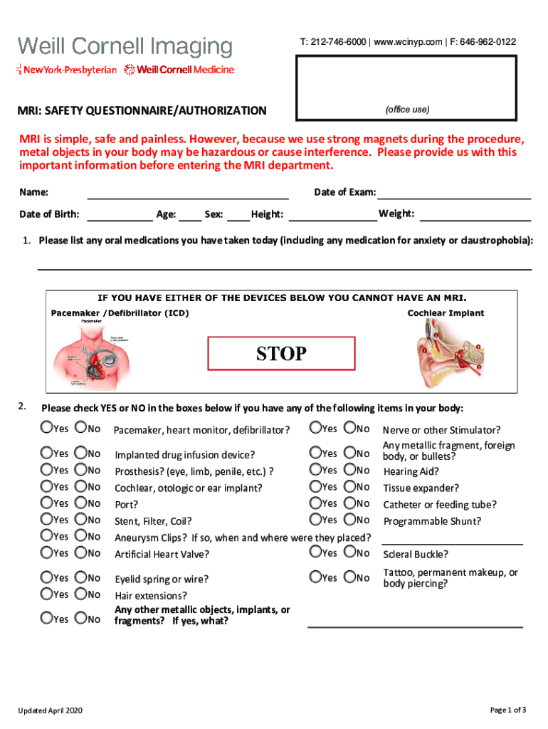 Fillable Online MRI General Safety Form Fax Email Print - pdfFiller