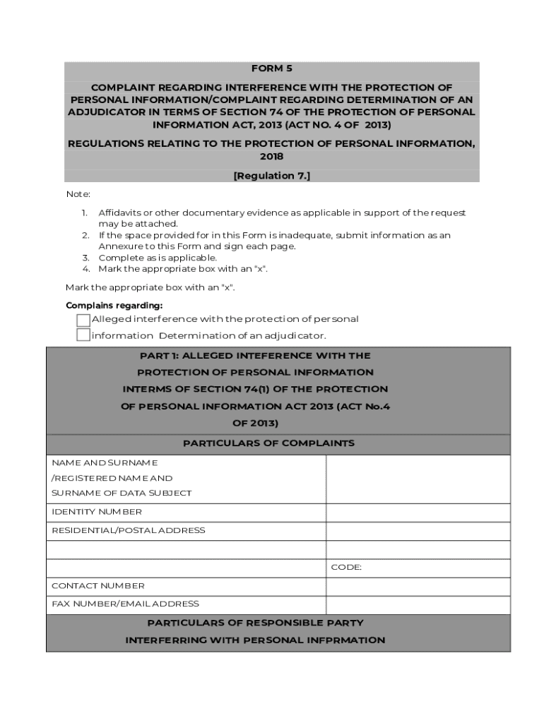 Fillable Online Popia Form 05-Complaints On Interference With Protection ... Fax Email Print ...