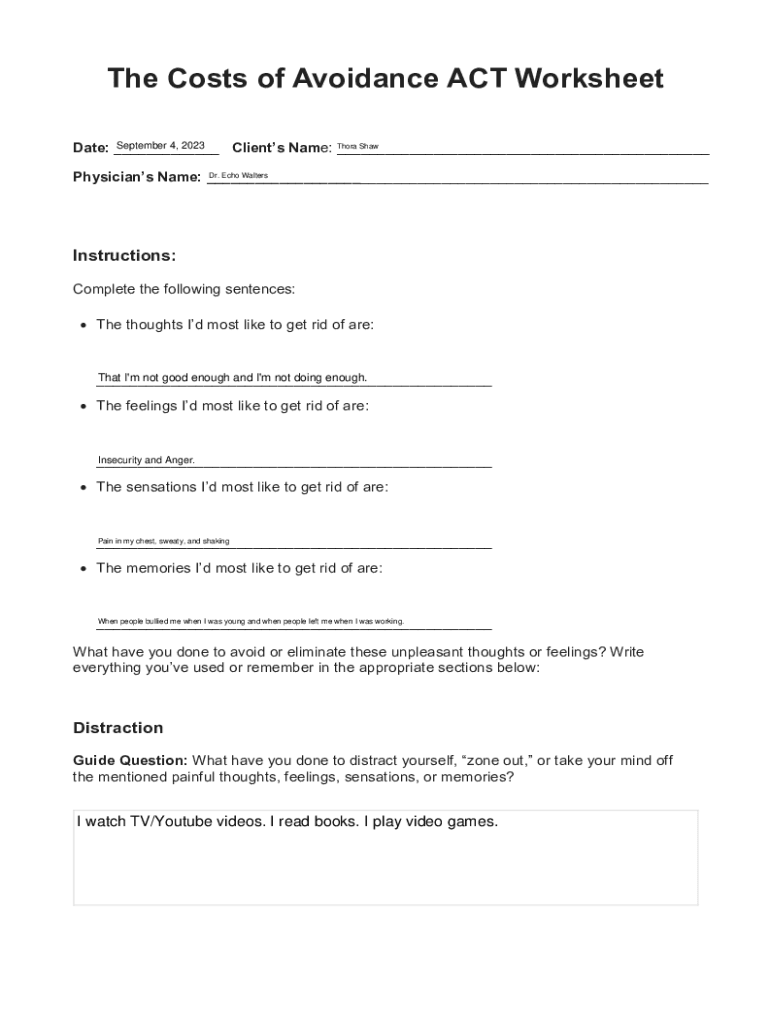 Fillable Online The Costs of Avoidance ACT Worksheet Fax Email Print ...