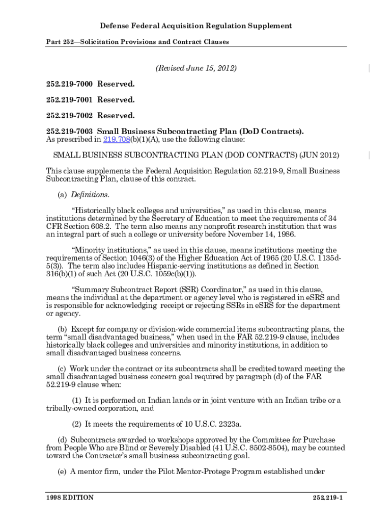 Fillable Online Defense Acquisition Regulations System, DoD 252.219 ...
