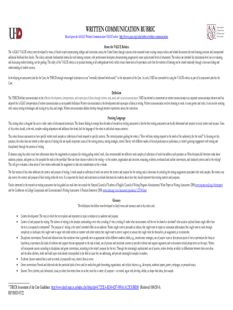 Fillable Online Written Communication VALUE Rubric - Excelsior OWL Fax ...