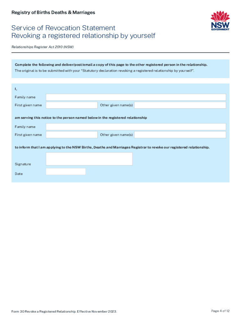 Fillable Online Application to revoke a registered relationship ...