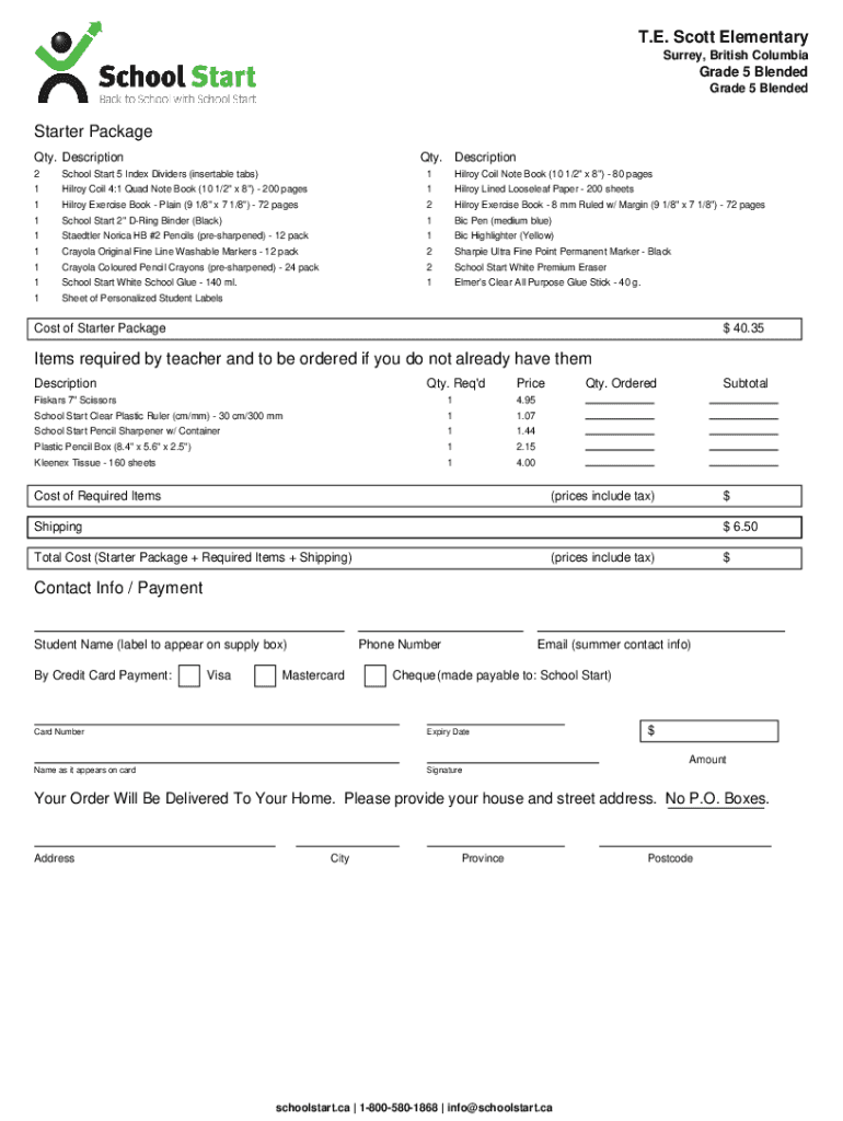 Fillable Online T.E. Scott Elementary Starter Package Items required by ...