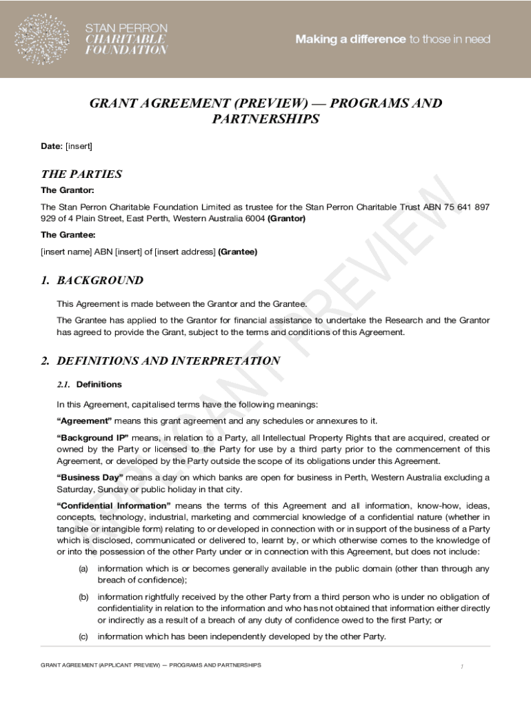 Fillable Online GRANT AGREEMENT (PREVIEW)PROGRAMS AND ... Fax Email Print - pdfFiller