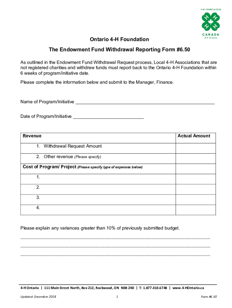 Fillable Online The Endowment Fund Withdrawal Reporting Form #6.50 Fax ...