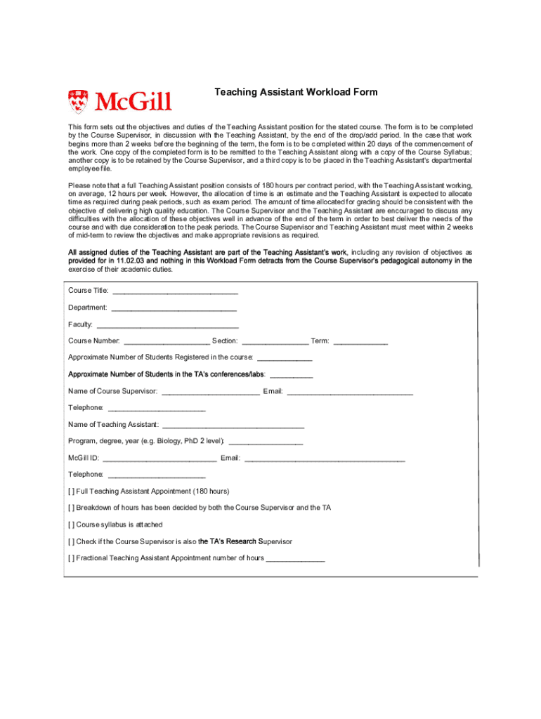 Fillable Online Description of Duties Form for Teaching Assistants Fax ...