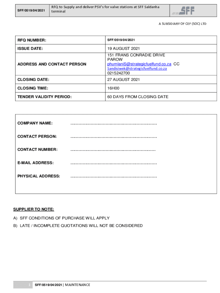Fillable Online RFQ to Supply and deliver PSVs for valve stations at SFF Saldanha Fax Email ...
