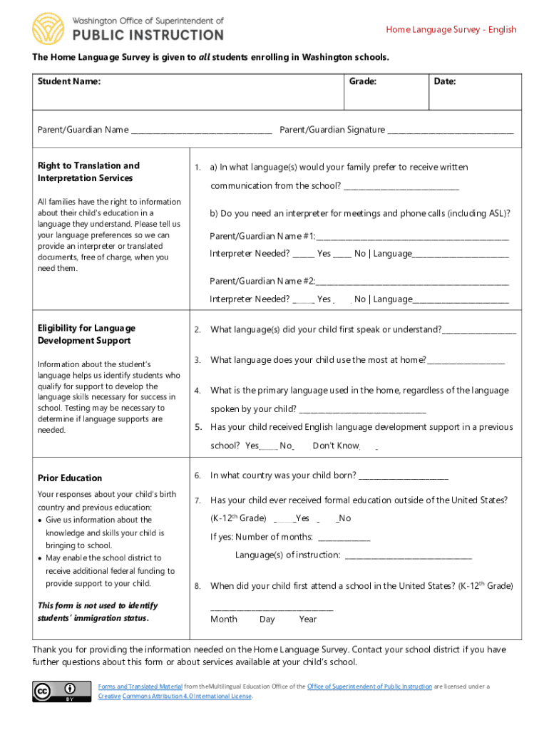 Fillable Online Home Language SurveyStudent Enrollment/Registration ...