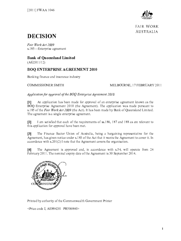 Fillable Online BOQ Enterprise Agreement 2010 approved by Fair Work ...