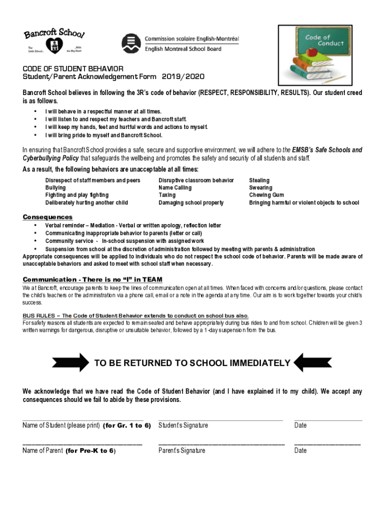 Fillable Online CODE OF BEHAVIOUR Acknowledgement Form 19-20.docx Fax ...