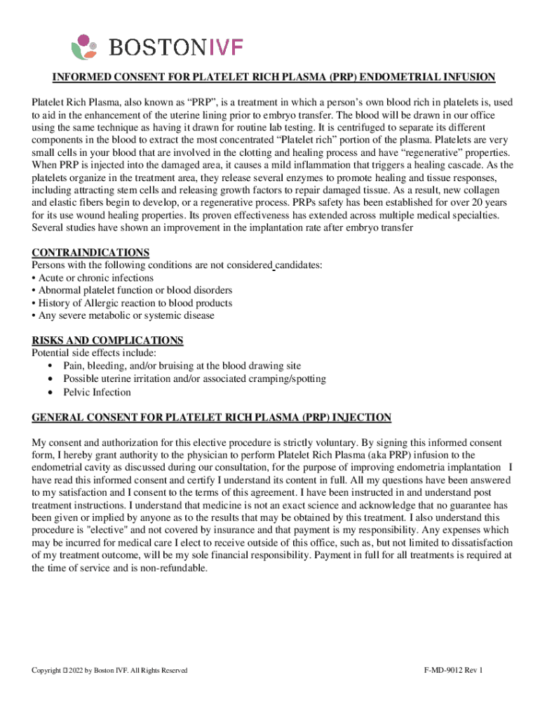 Fillable Online informed consent for platelet rich plasma (prp ...