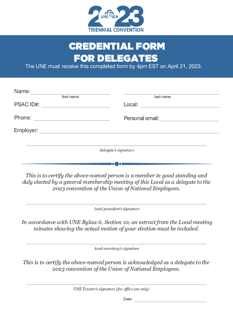 Fillable Online CREDENTIAL FORM FOR DELEGATES Fax Email Print - pdfFiller