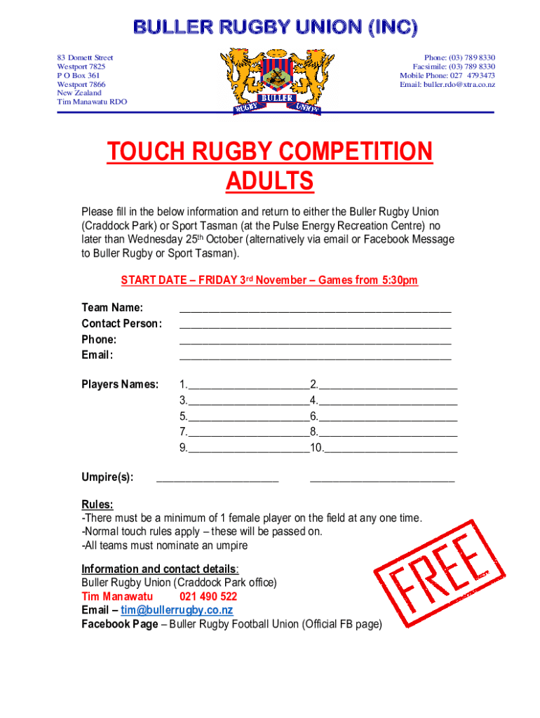 Fillable Online TOUCH RUGBY COMPETITION ADULTS Fax Email Print - pdfFiller