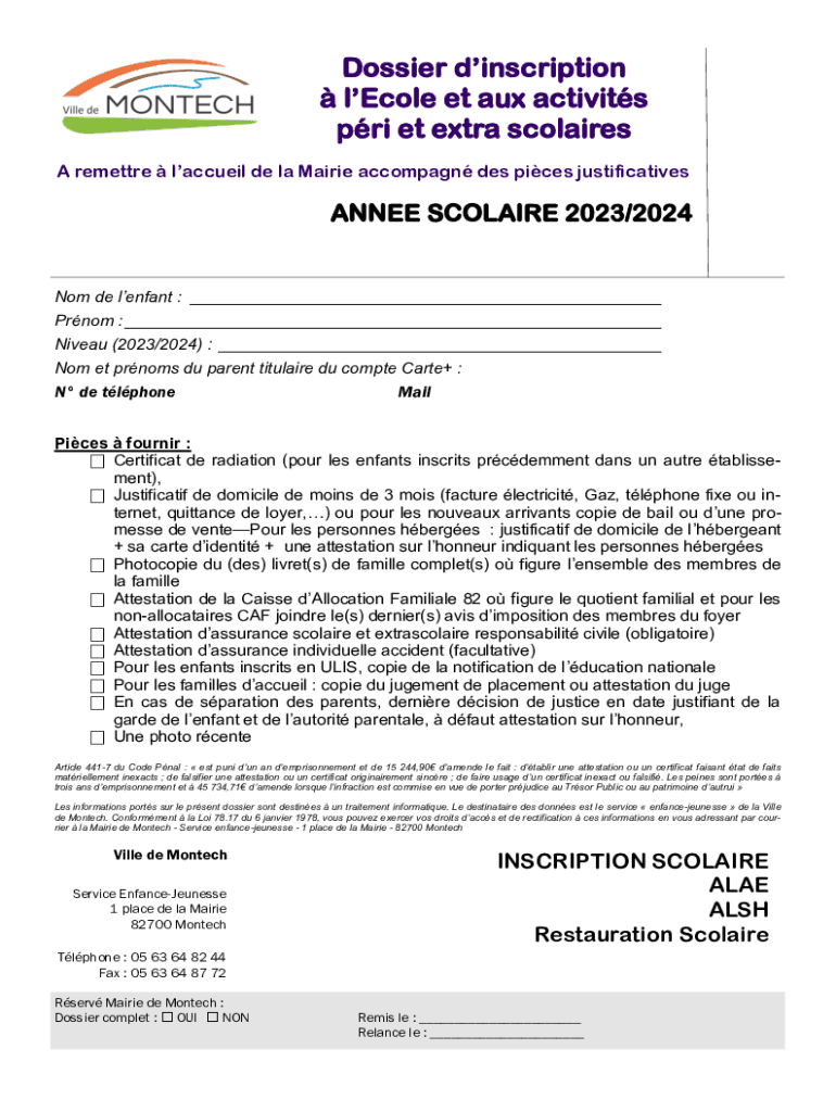 Remplissable En Ligne Dossier d'inscriptionl'Ecole et aux activits pri et extra ... Fax Email ...