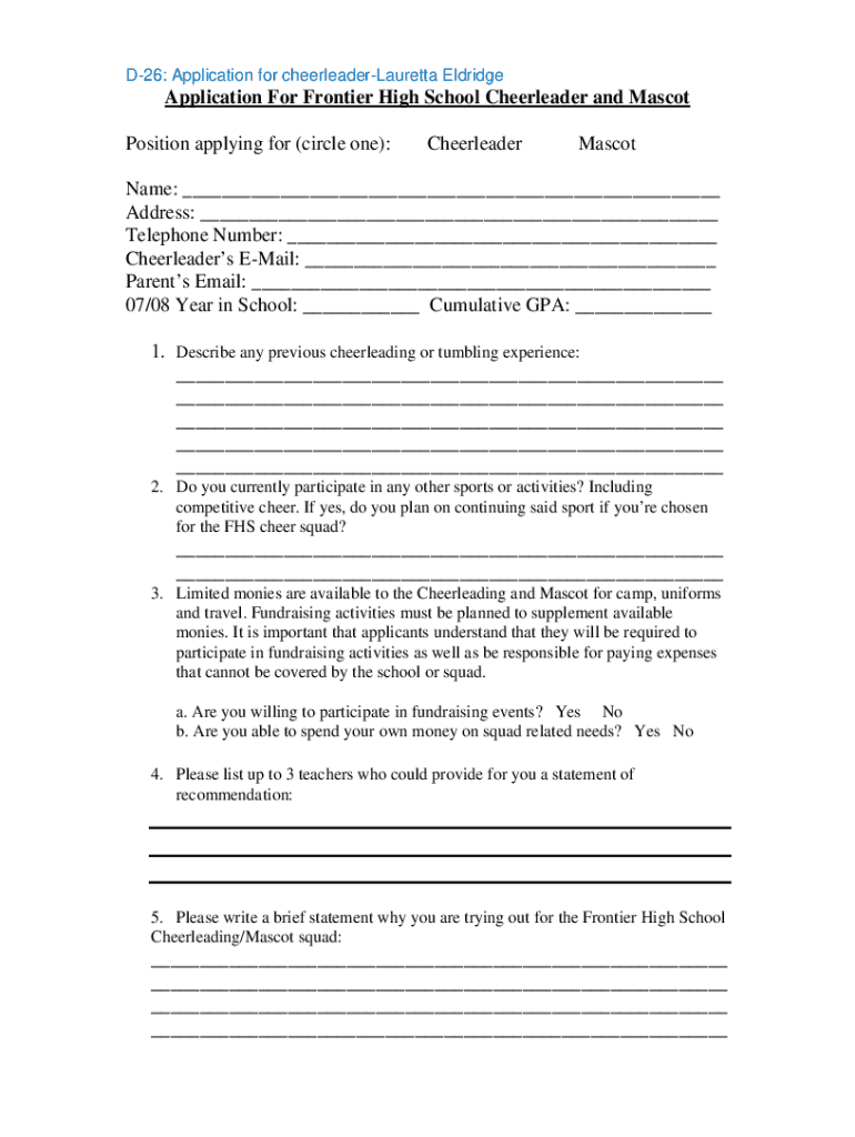 Fillable Online secure cada1 D-26 Application for cheerleader-Lauretta ...