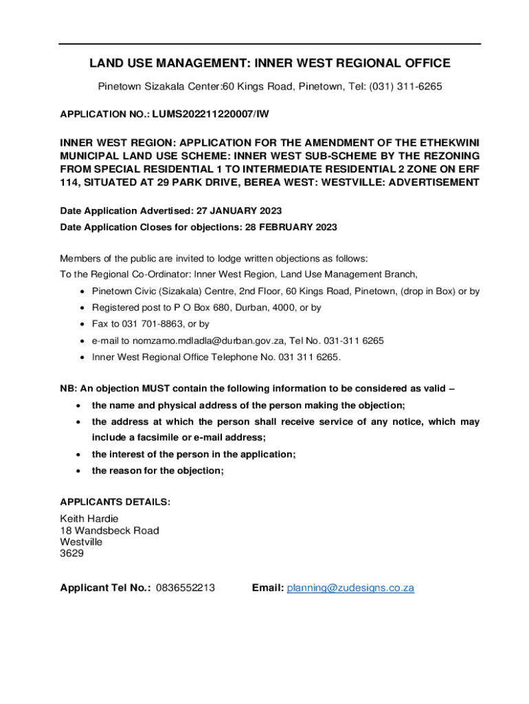 Fillable Online SUBMISSION TO THE eTHEKWINI MUNICIPALITY DEVELOPMENT ...