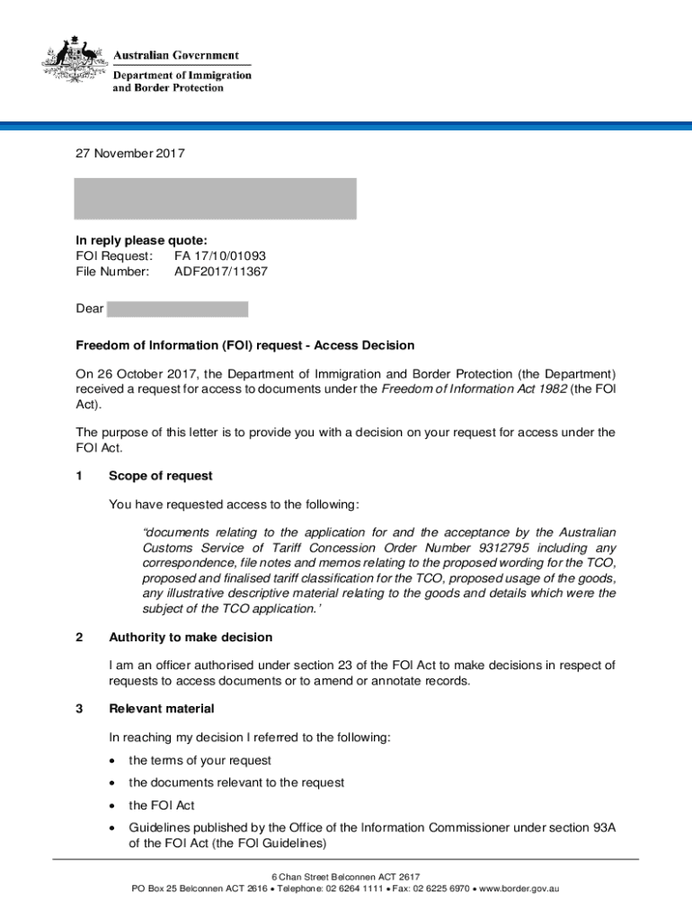 Fillable Online Tariff Concession Order 9312795. Freedom of Information ...