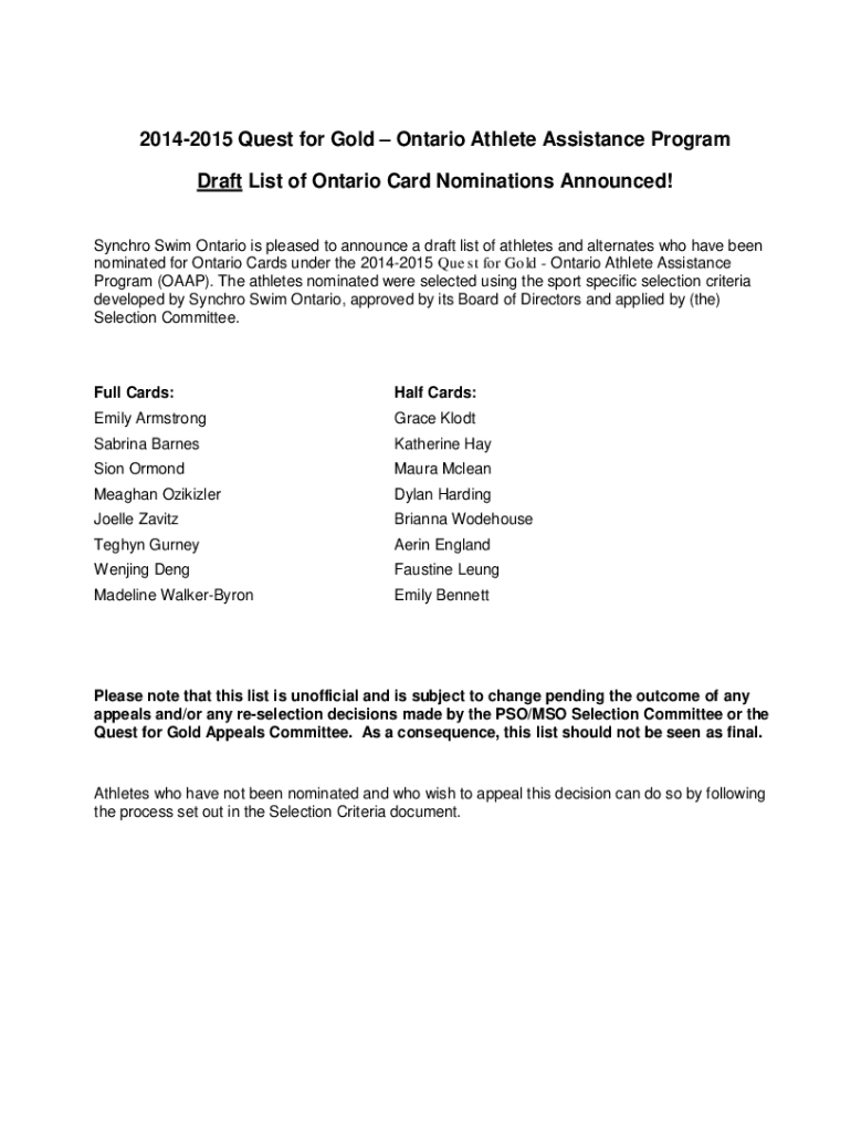 Fillable Online 2014-2015 Quest for Gold Ontario Athlete Assistance ... Fax Email Print - pdfFiller