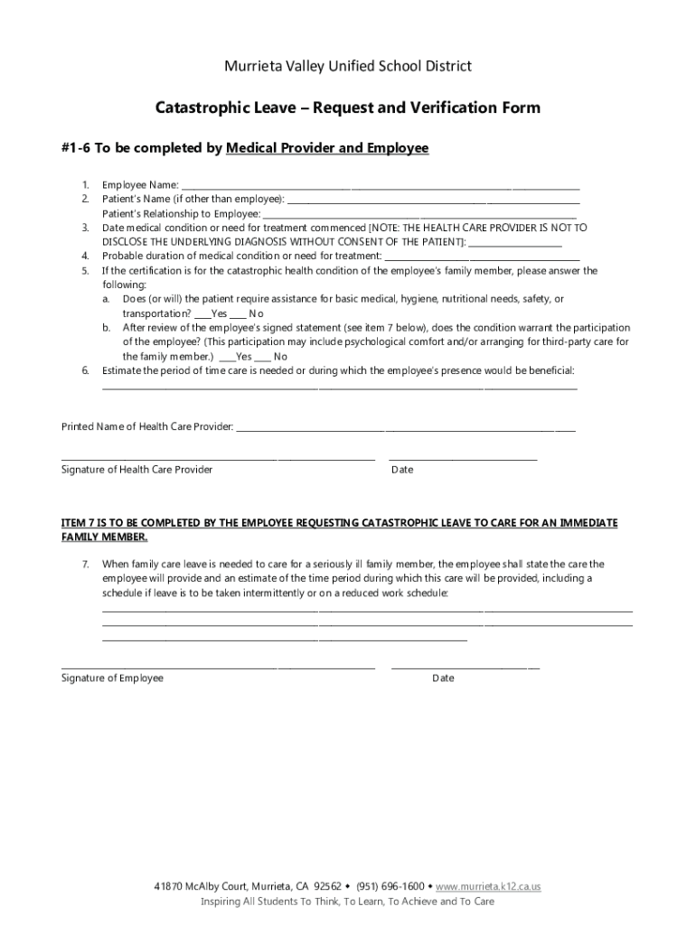 Fillable Online Catastrophic Leave Request and Verification Form ...