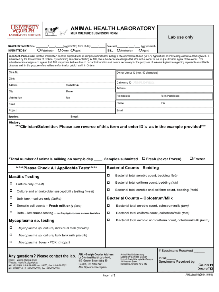 Fillable Online Mastitis, milk cultureAnimal Health Laboratory Fax ...
