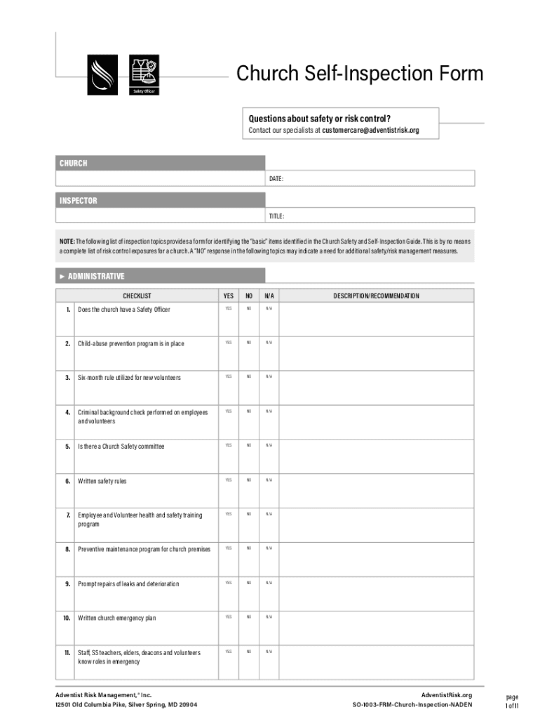 Fillable Online Fillable Online adventistrisk church safety self ...