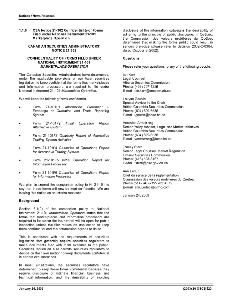 Fillable Online 1.1.6 CSA Notice 21-302 Confidentiality of Forms Filed ...