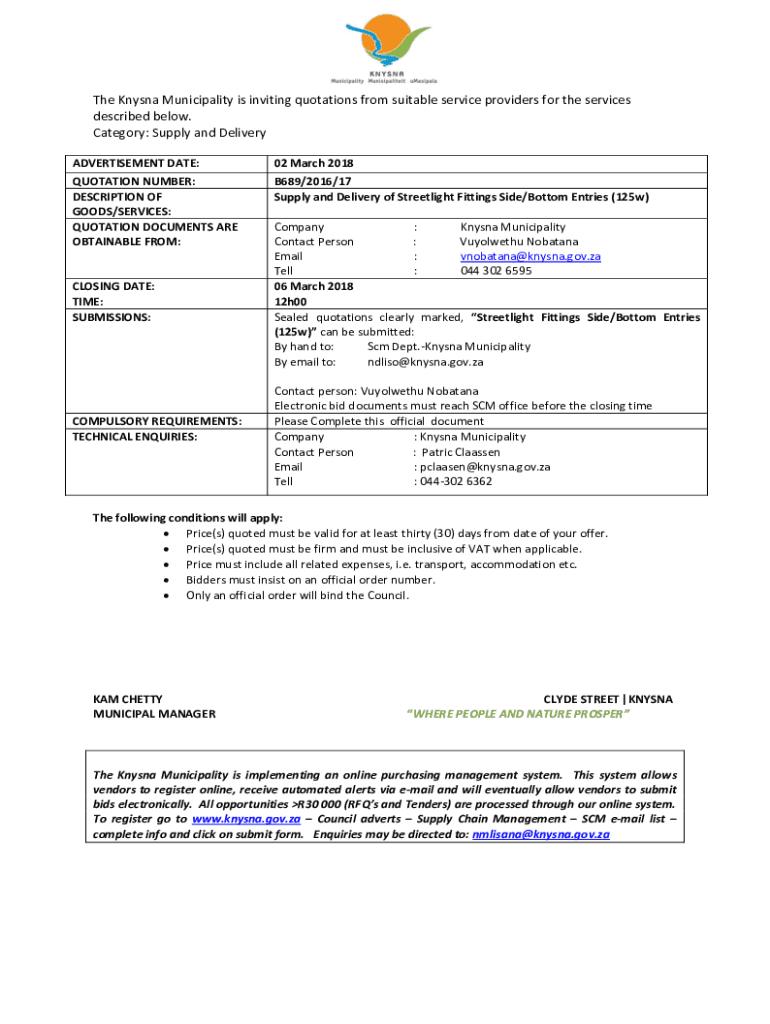 Fillable Online Supply and Delivery of Streetlight Fittings Side/Bottom ...