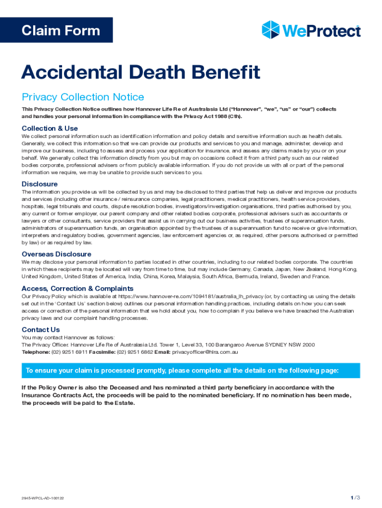 Fillable Online Claim Form - Accidental Death Benefit - We Protect Life ...