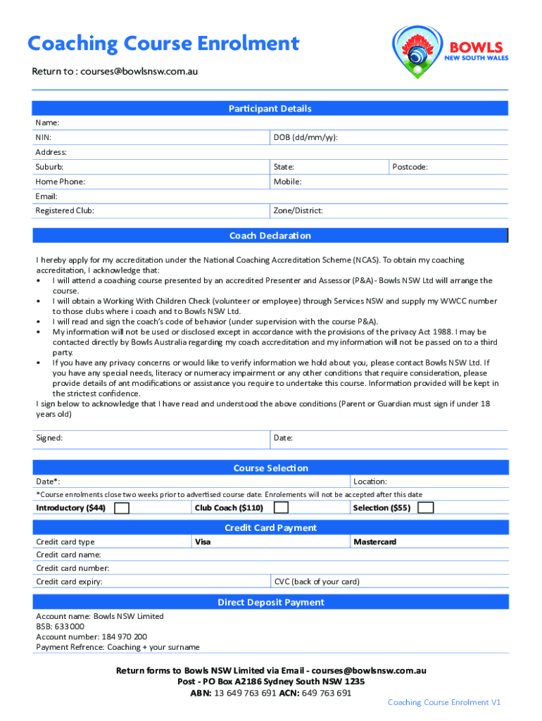 Fillable Online Coaching Course Enrolment Fax Email Print - pdfFiller