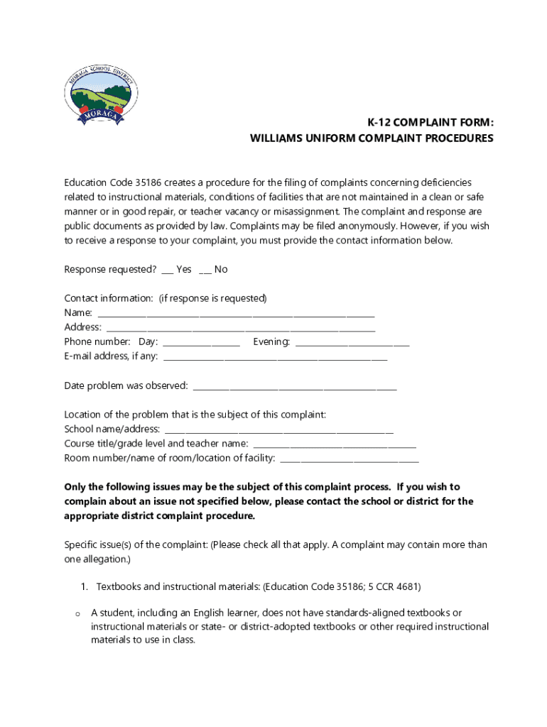 Fillable Online Williams Uniform Complaint Procedures E 1312.4 ...